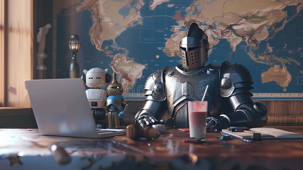 Knight Sitting at the Table with a Laptop, Generative AI Illustrations ...