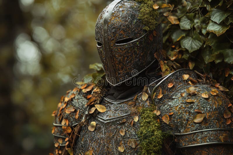 Knight is Standing Still Camouflaged in Forest Wearing Armor Covered ...