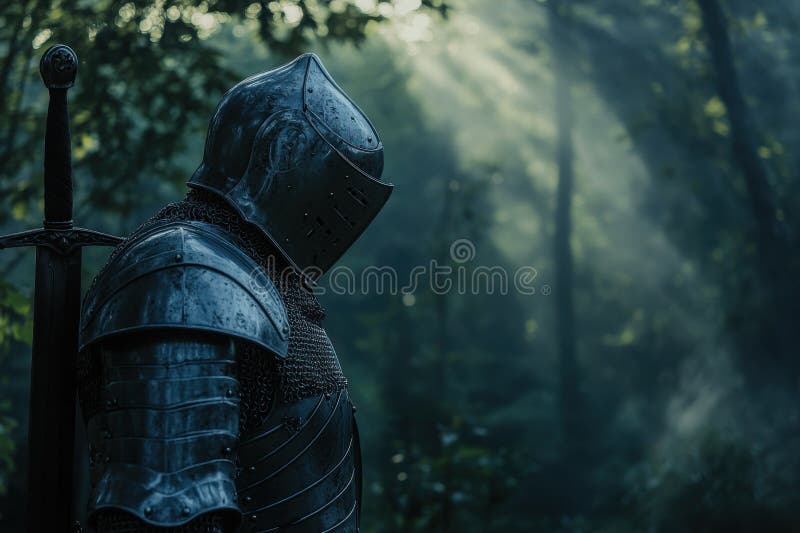 Knight Stands in a Misty Forest, Sword by Side, with Sunlight Filtering ...