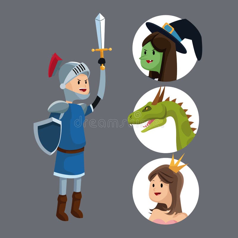 Knight Sword Shield Princess Dragon Witch Stock Vector - Illustration ...