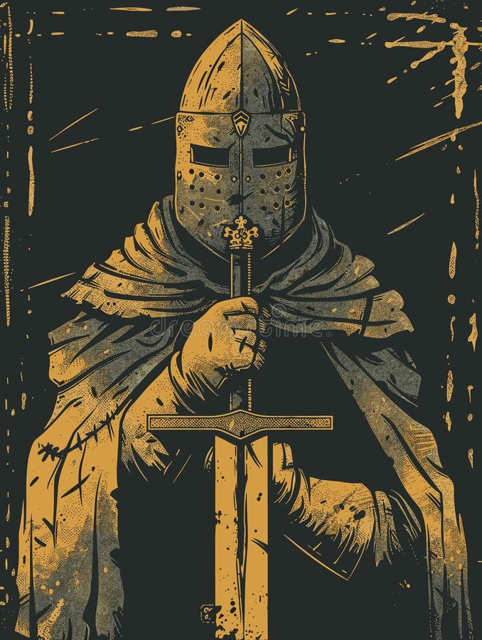 Knight with Sword and Shield. Vector Illustration. Grunge Style. for ...