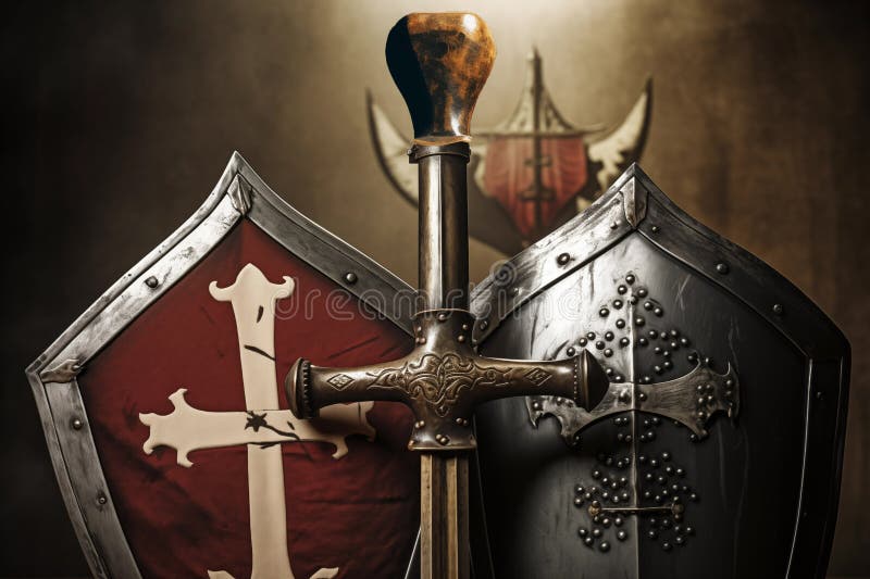 Knight Sword and Two Armor Shields. Generative AI Stock Photo - Image ...