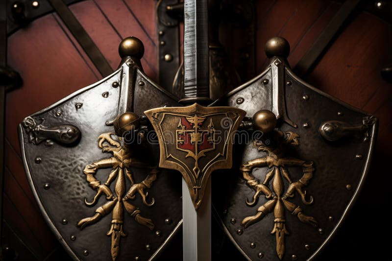 Knight Sword and Two Armor Shields. Generative AI Stock Photo - Image ...