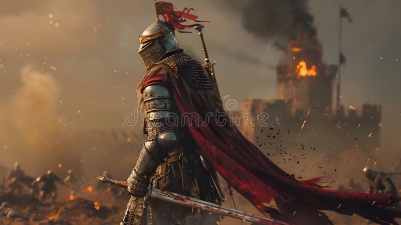 Knight Warrior with an Armor on the Battlefield Stock Illustration ...