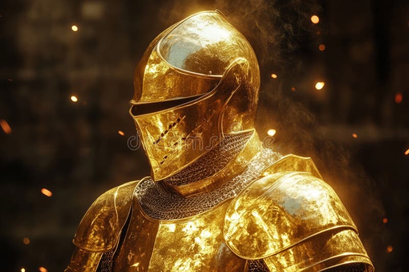 Knight Wearing Golden Helmet Armor Outdoor Setting Ready Battle Stock ...