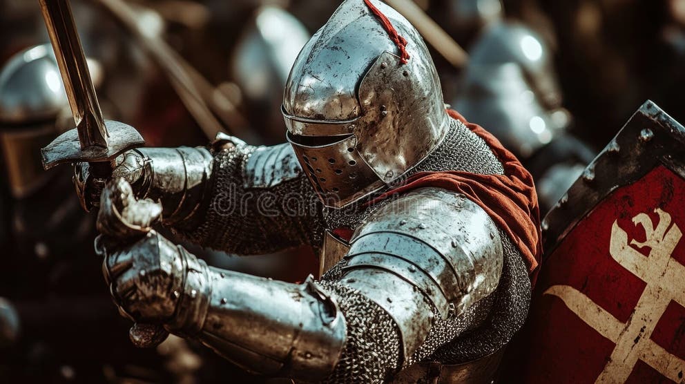 Knights in Armor Engaging in Combat with Weapons and Shields Stock ...