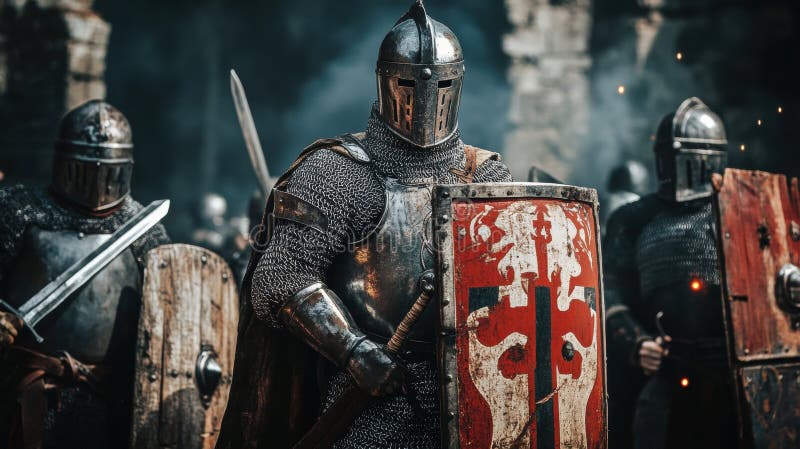 Knights in Armor Engaging in Combat with Weapons and Shields Stock ...