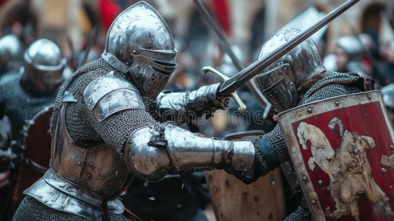 Knights in Armor Engaging in Combat with Weapons and Shields Stock ...
