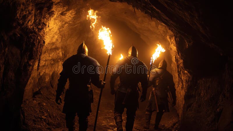 Knights Carrying Torches Exploring a Dark, Mysterious Cave Stock ...