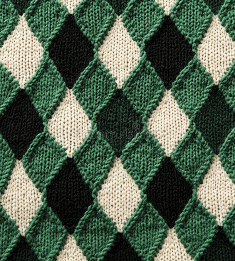 Knit Pattern Featuring Green, Black, and Cream Diamond Shapes, Creating ...