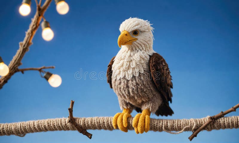A Knitted Bald Eagle Sits on a Branch with String Lights in the ...