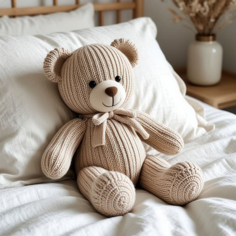 A Knitted Beige Teddy Bear is Sitting on the Bed. Stock Illustration - Illustration of textile ...