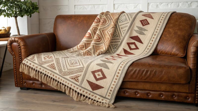Knitted Blanket with Ethnic Pattern Decorating a Brown Leather Sofa in ...