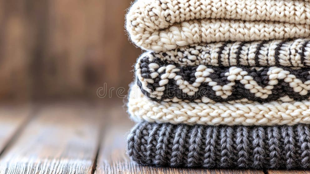 Knitted Blanket: a Stack of Five Knitted Blankets in Various Colors and ...