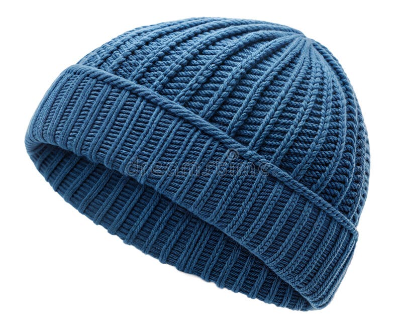 Knitted Blue Beanie with Ribbed Texture Isolated on White Background ...