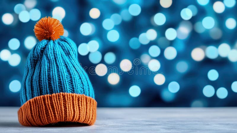 Knitted Blue and Orange Hat with Bokeh Lights in Background Stock Illustration - Illustration of ...