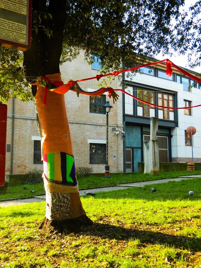Knitted Cover for Tree Trunk. Knit Pattern Mosaic on Tree. Park in ...