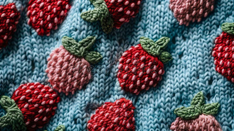 Knitted Fabric with a Strawberry Pattern, Photographed from Directly ...