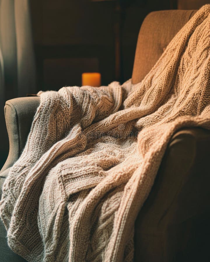 Knitted Fall Blanket, Cozy and Inviting, Draped Over a Chair Stock ...