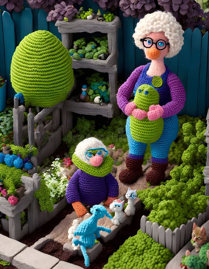 Knitted Garden with Gardeners Puppet. AI Generated Stock Illustration ...