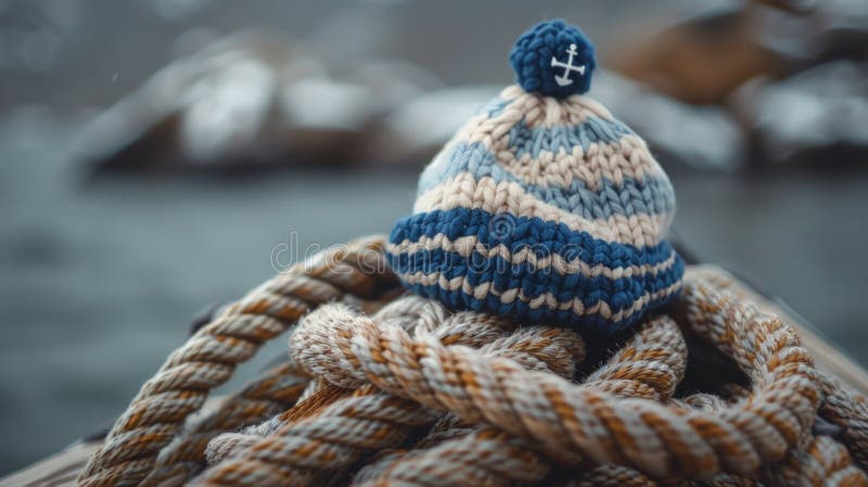 A Knitted Hat Sitting on Top of a Pile of Rope, AI Stock Image - Image ...