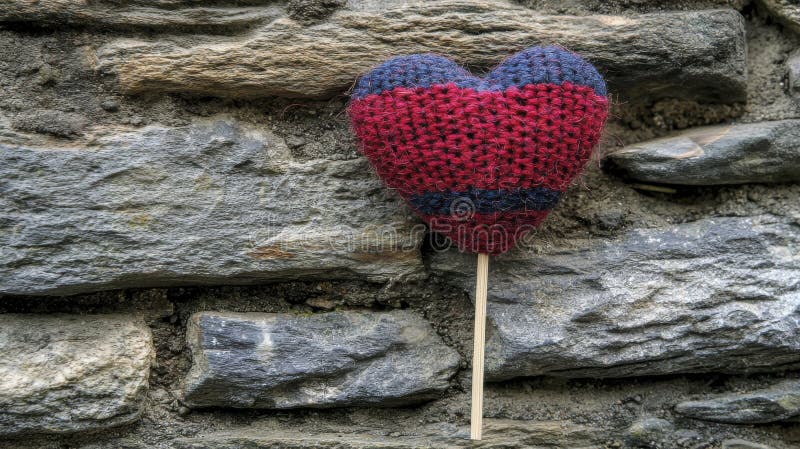 Knitted Heart on Wooden Stick Against Stone Wall Stock Illustration ...