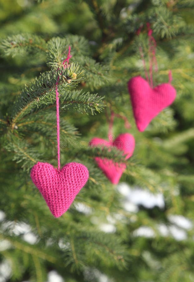 Knitted Hearts Hanging on a Tree Branch Stock Photo - Image of pink ...