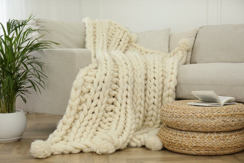Knitted Merino Wool Plaid on Sofa in Room Stock Photo - Image of ...