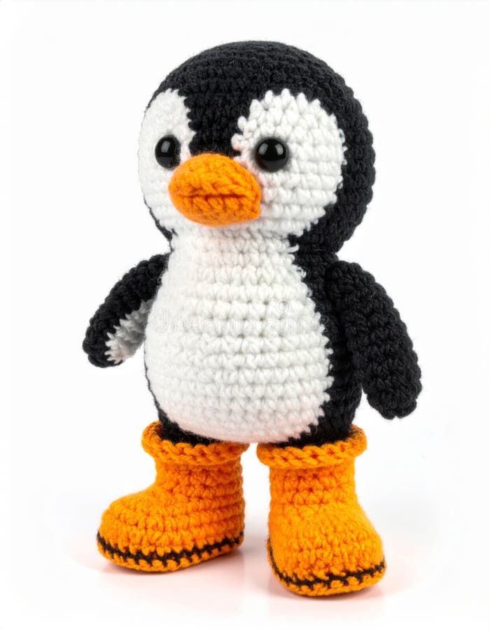 Knitted Penguin Toy with Orange Boots Standing Isolated on White Background Stock Illustration ...