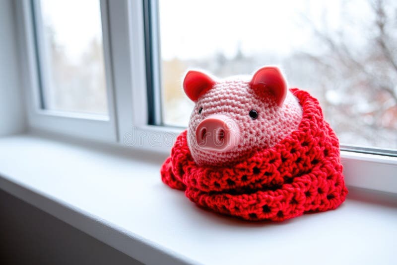 A Knitted Pig Sitting on a Window Sill, a Cute and Playful Decoration ...