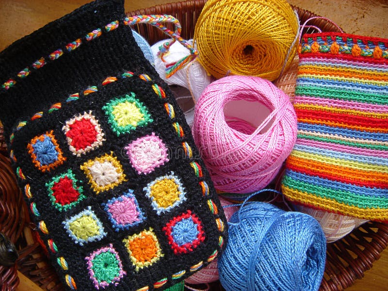 Knitted Sack with Color Threads Stock Image - Image of treads, blue ...