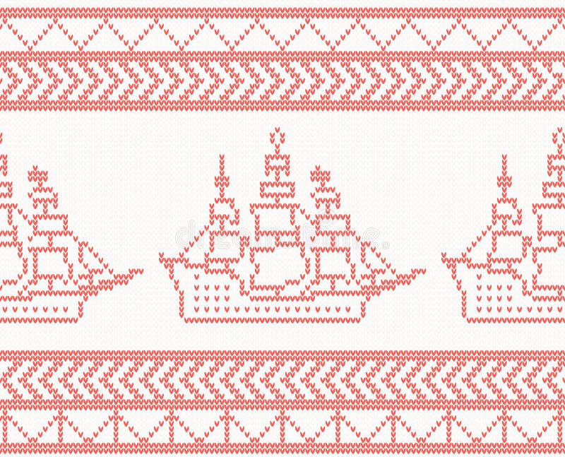 Knitted Ship Seamless Pattern in Red Color. Stock Vector - Illustration ...