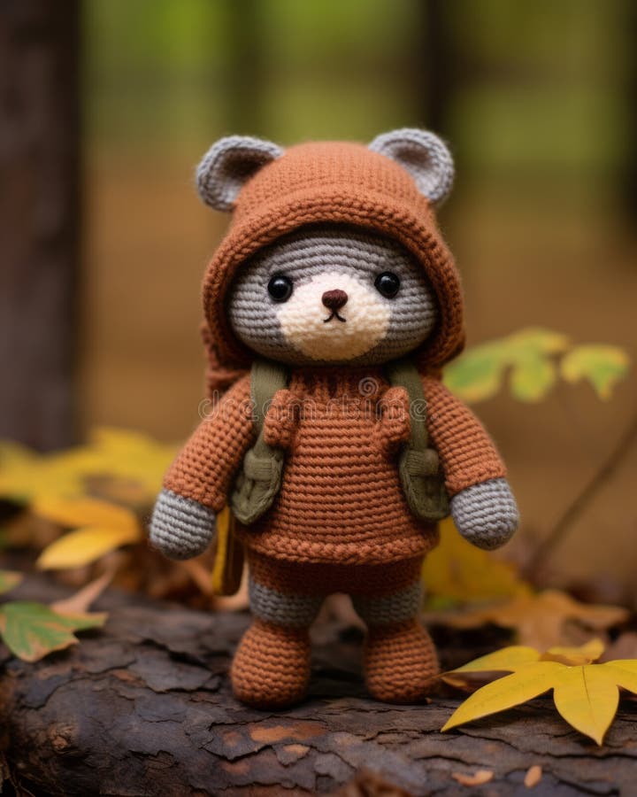 A Knitted Teddy Bear Wearing a Brown Coat and Backpack Stock ...