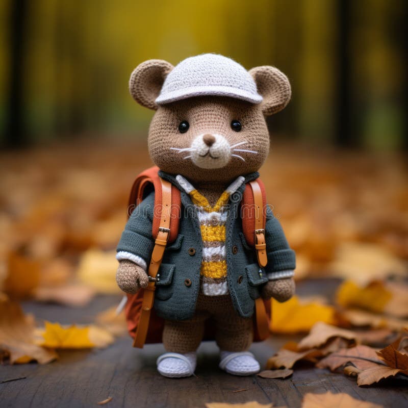 A Knitted Teddy Bear Wearing a Hat and Backpack Stock Illustration ...