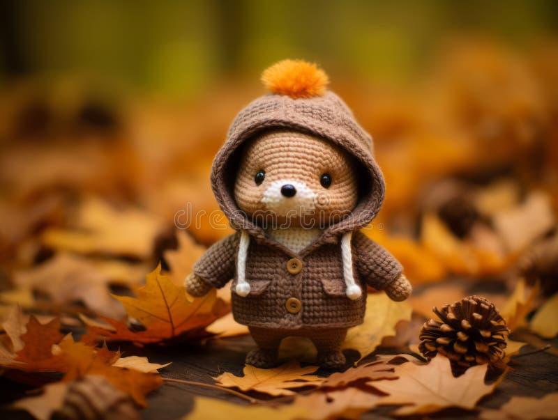 A Knitted Teddy Bear Wearing a Hooded Jacket in the Fall Leaves Stock ...