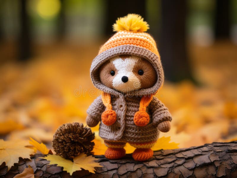 A Knitted Teddy Bear Wearing an Orange Hat and Brown Coat Standing on a ...