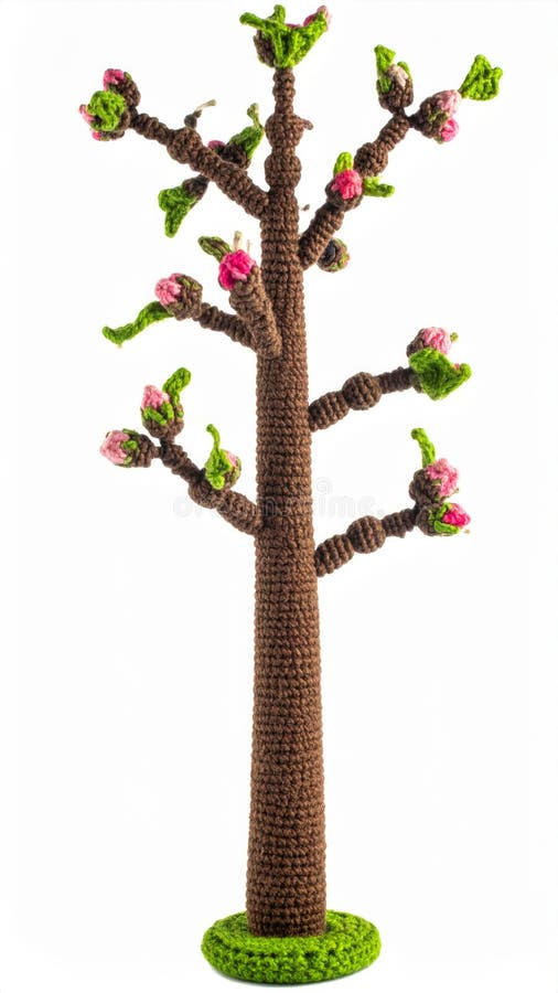 Knitted Tree with Pink Blossoms and Brown Trunk Stock Illustration ...