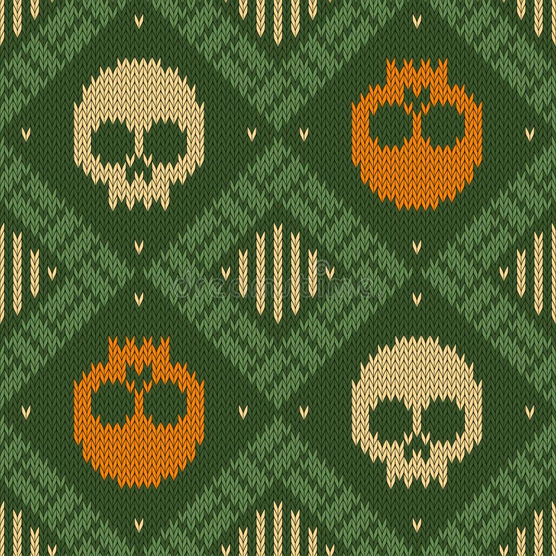 Knitted Woolen Seamless Pattern with Skulls in Green Shades Stock ...