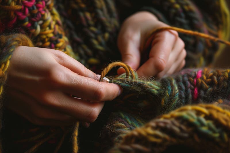 Knitters Hands Focusing on Interlocking Wool Loops Stock Image - Image ...