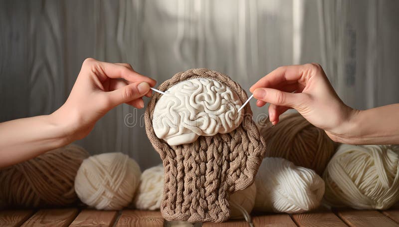 Knitting a Brain Model with Yarn and Needles Stock Illustration ...