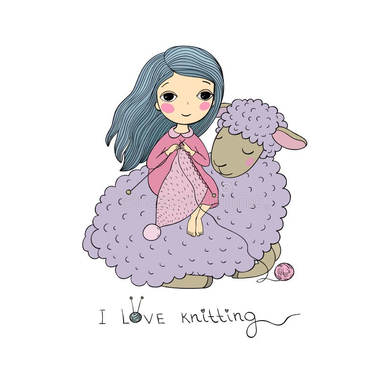 Knitting Girl and a Cute Cartoon Sheep. Stock Vector - Illustration of ... Knitting Girl and a Cute Cartoon Sheep. Stock Vector - Illustration of ...