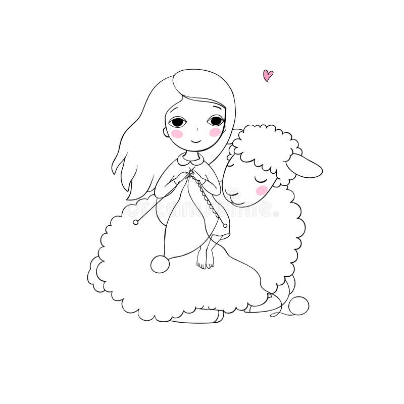 Knitting Girl and a Cute Cartoon Sheep. Stock Vector - Illustration of ... Knitting Girl and a Cute Cartoon Sheep. Stock Vector - Illustration of ...