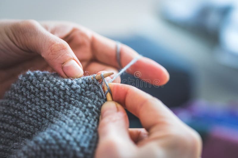 Knitting at Home: Close Up of Wool, Thread and Female Fingers Stock ...