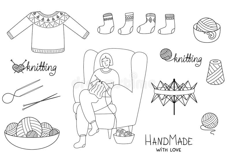 Knitting Line Set with Knitting Tools Stock Vector - Illustration of ...