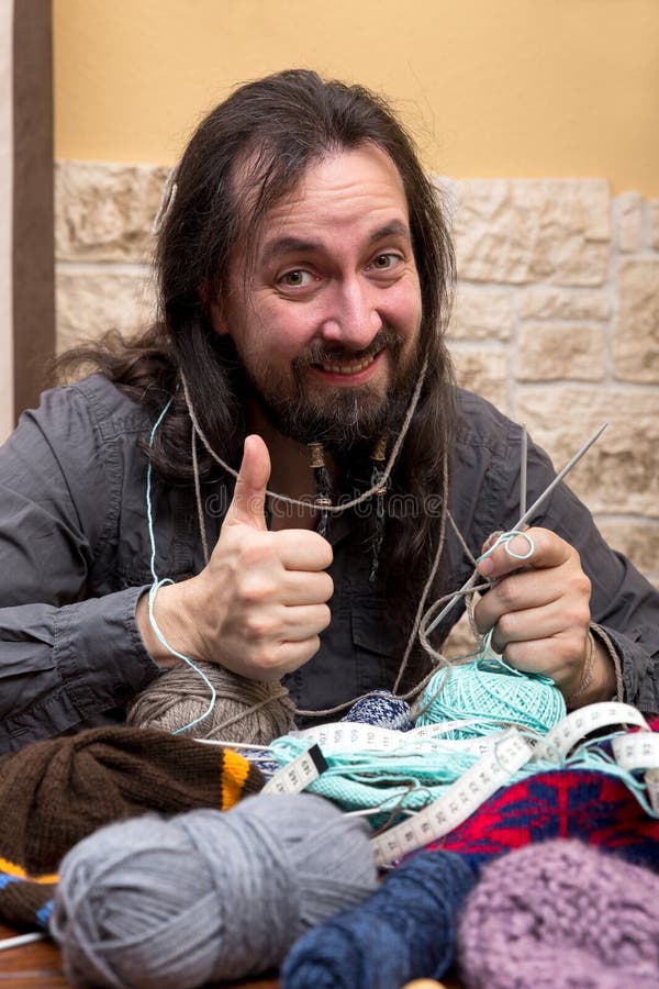 Knitting Man with Lot of Wool Stock Photo - Image of knitting ...