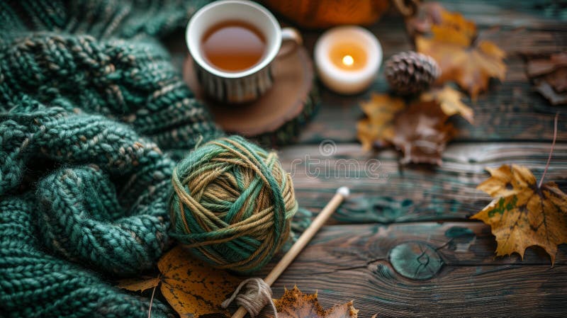 Knitting Materials with Tea and Candles on a Wooden Table Stock Image ...