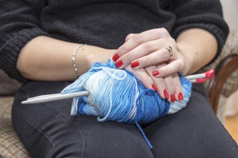 Knitting Needles with the Use of Wool Stock Photo - Image of female ...