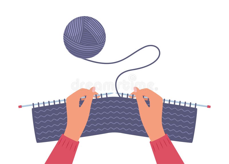 Knitting Process, Top View on Hands Holding Needles. Yarn and Balls of ...