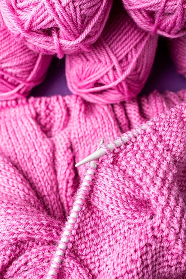 Knitting Project of Pink Wool Sweater in Progress. Stock Photo - Image ...
