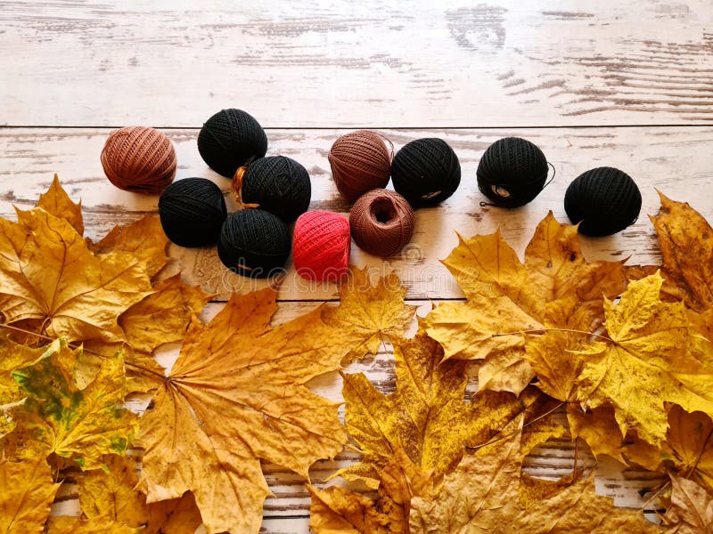Knitting Woolen Threads in Balls are Scattered on Table with Yellow ...